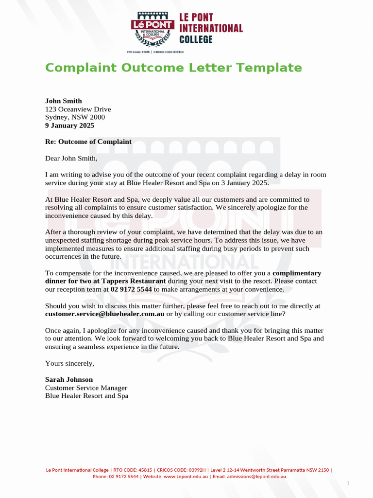 SITXCCS015 Complaint Outcome Letter Template (1) | PDF