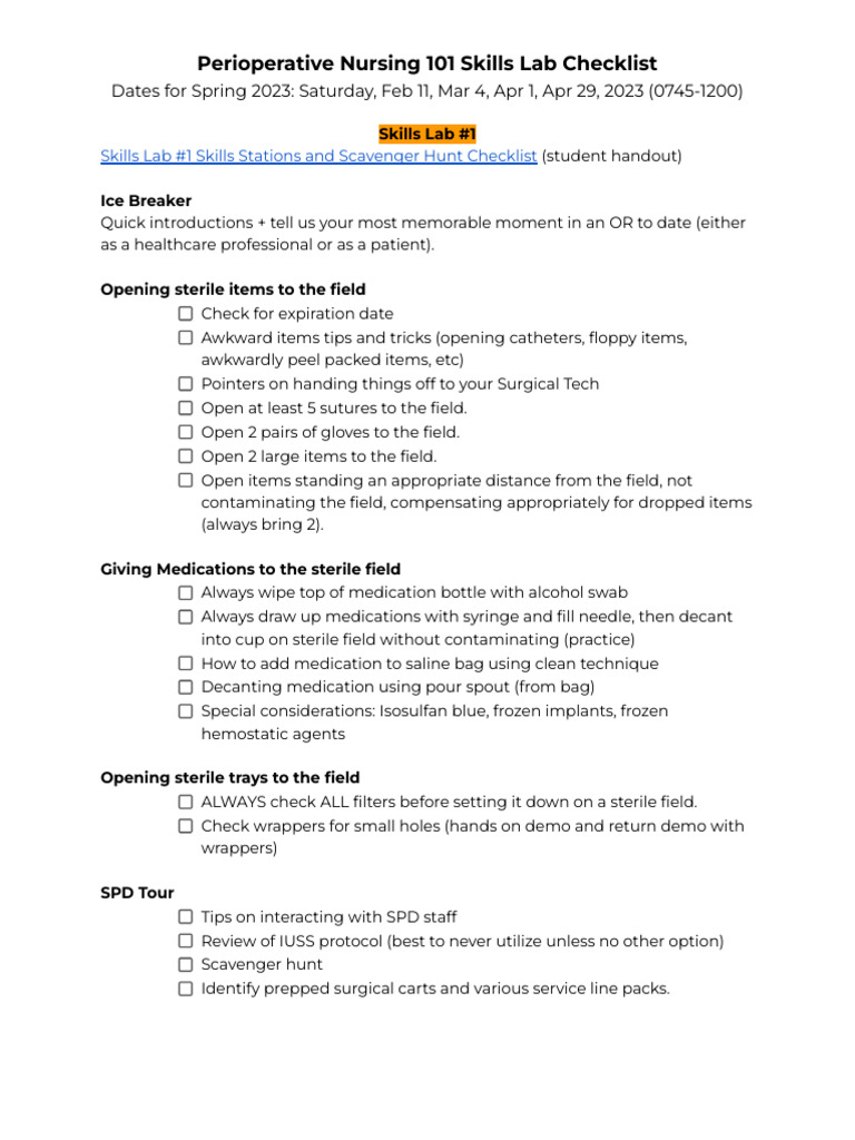 Perioperative Nursing Skills Checklist | PDF | Anesthesia | Perioperative