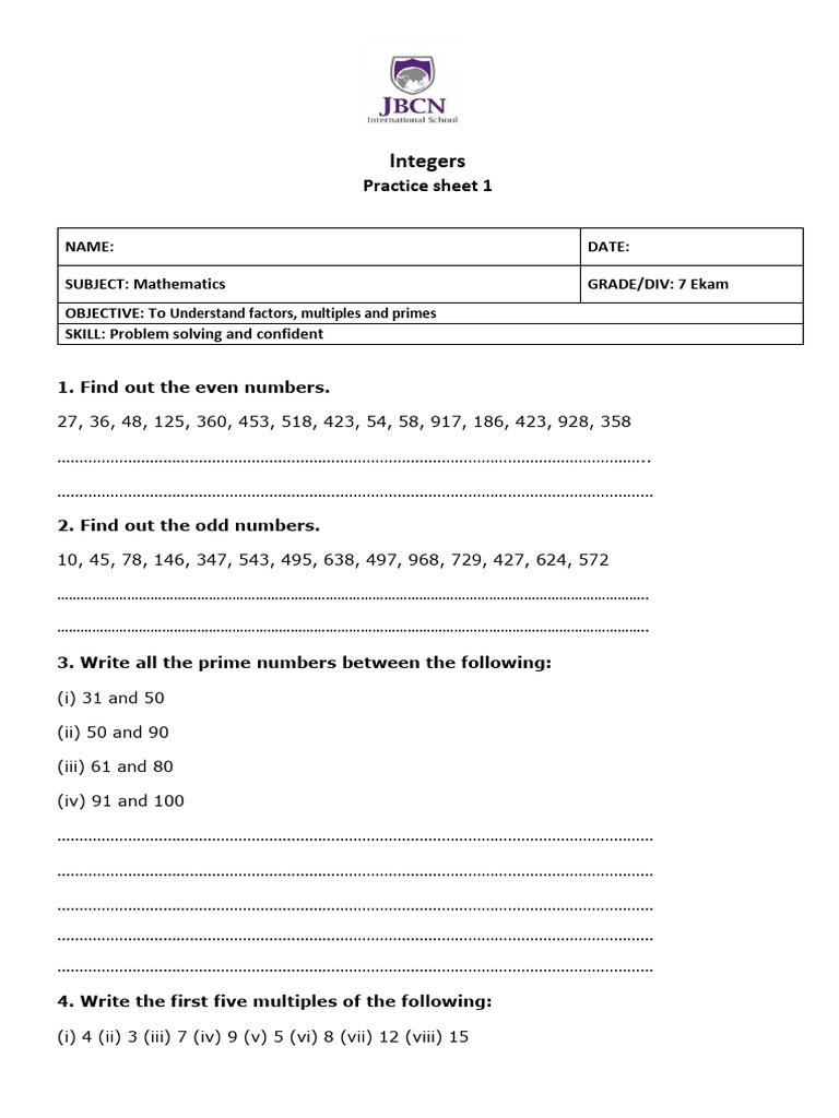 Integers Practice Sheet for Grade 7 | PDF
