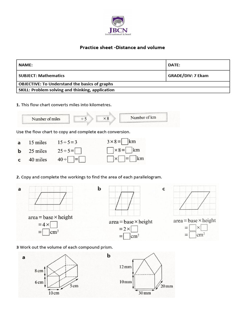 G7 - Maths - PracticeSheet-diatance and Volume | PDF