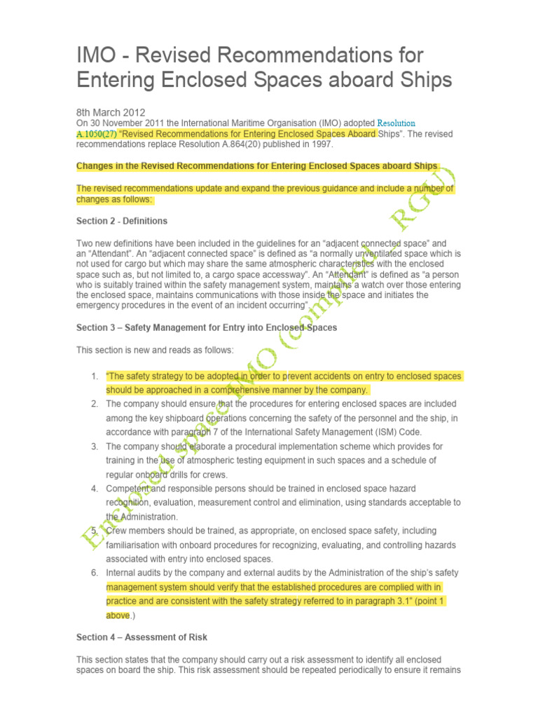 Enclosed Space Entry IMO Regns | PDF | Safety