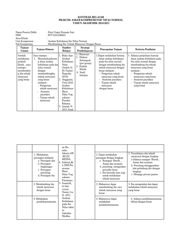 Kontrak Putri Utami ASKEB NIFAS (MAINI) | PDF