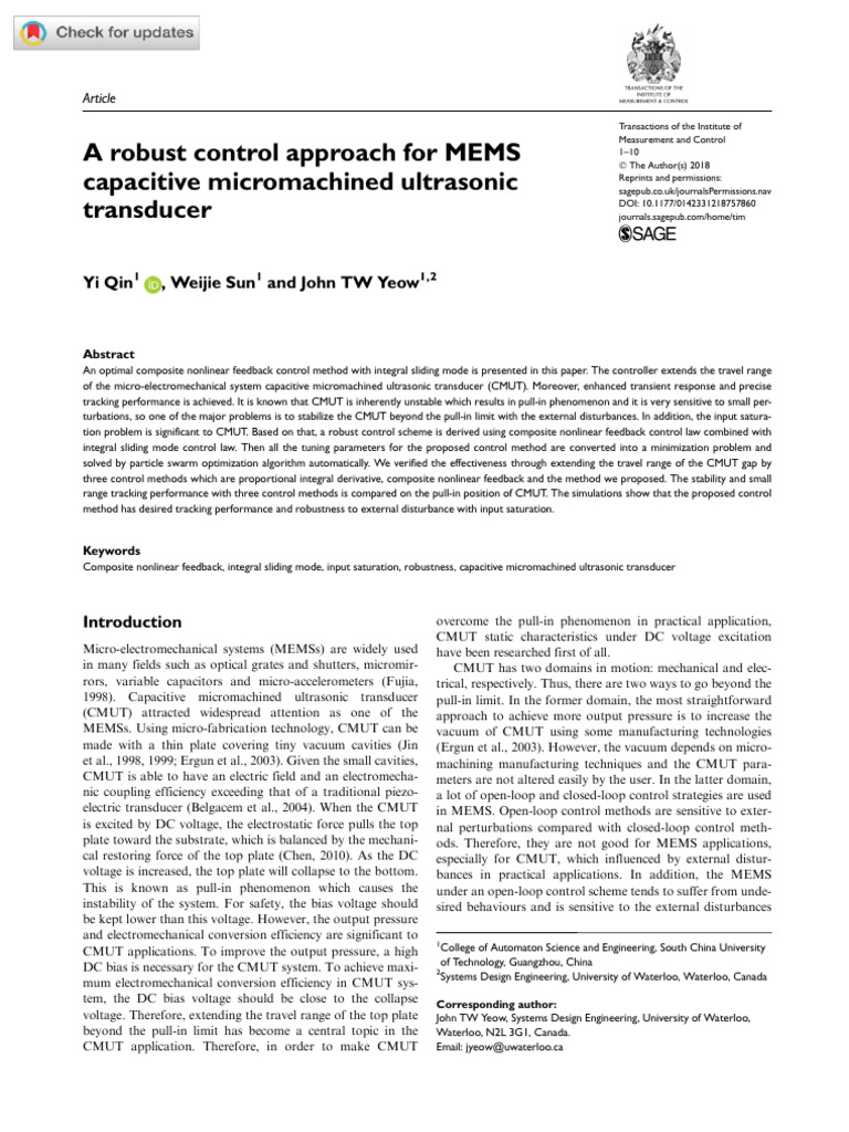 A Robust Control Approach For MEMS Capacitive Micromachined Ultrasonic ...