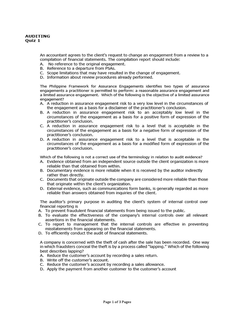 AUDITING QUIZ 1 - RC 97 Questionnaire | PDF | Internal Control | Audit