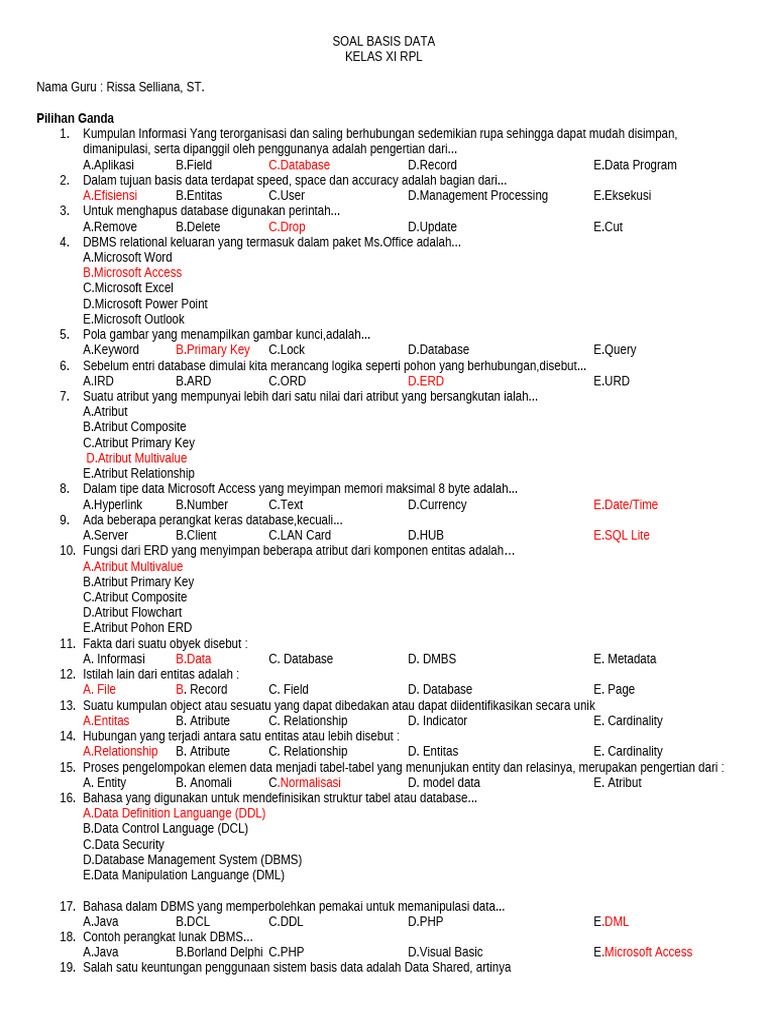 Soal Basis Data Kelas Xi RPL - Rissa Selliana | PDF