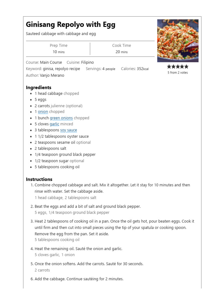 Ginisang Repolyo with Egg Recipe | PDF