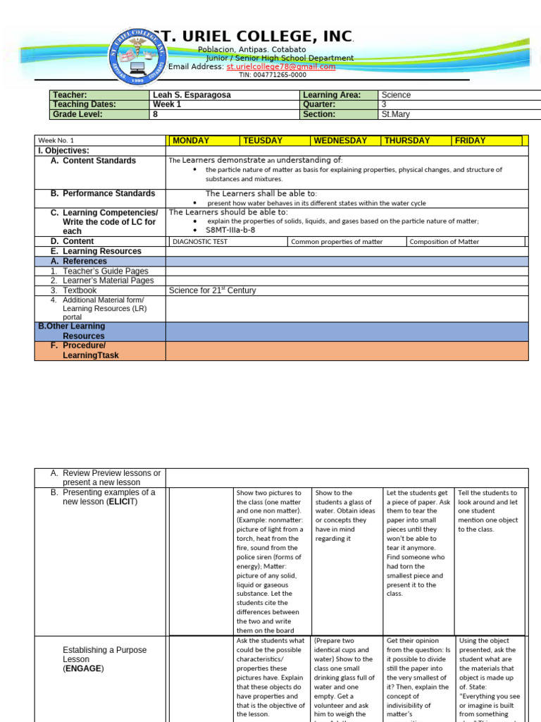 GRADE 8 QUARTER 3 WEEK 8 FINAL DLL Lesson Plan | PDF | Matter | Atoms