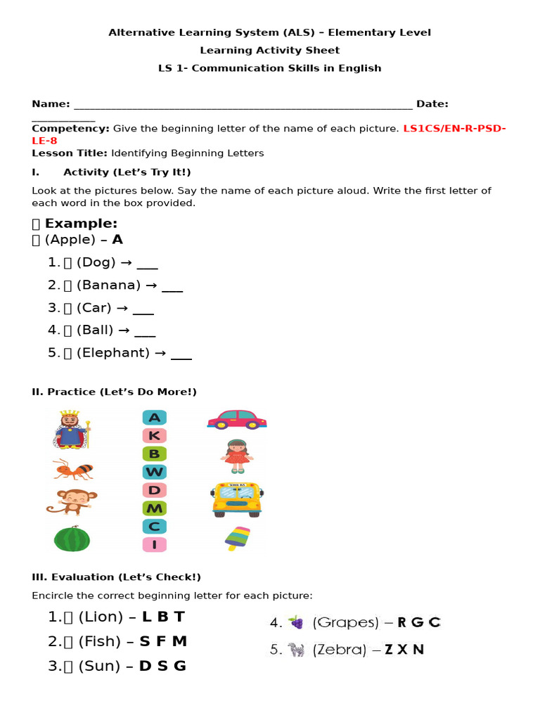 Identifying Beginning Letters | PDF