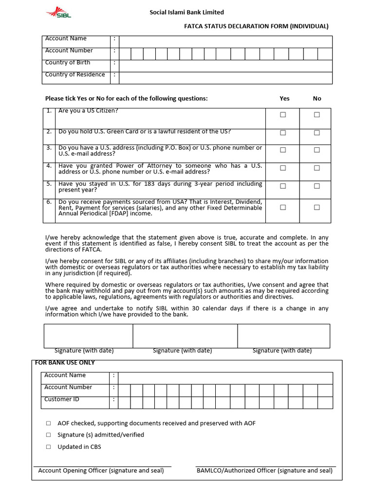 FATCA Status Declaration Form SIBL | PDF | Taxes | Payments