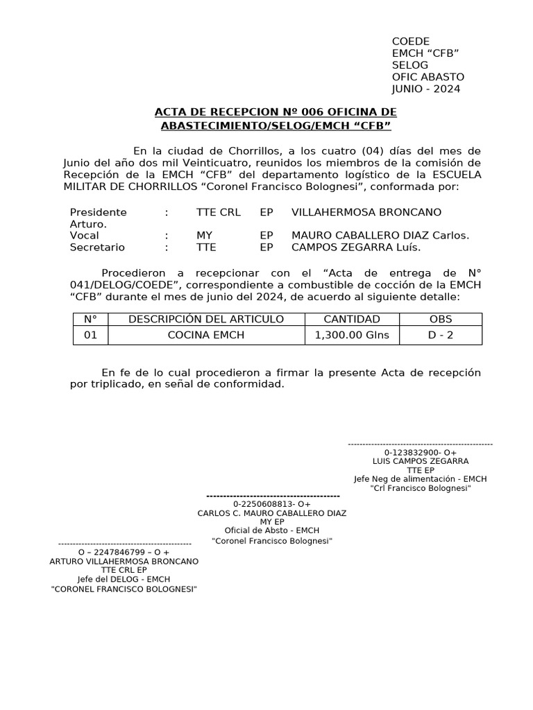 Acta de Recepcion #006 - 2024 | PDF | Lima | Perú
