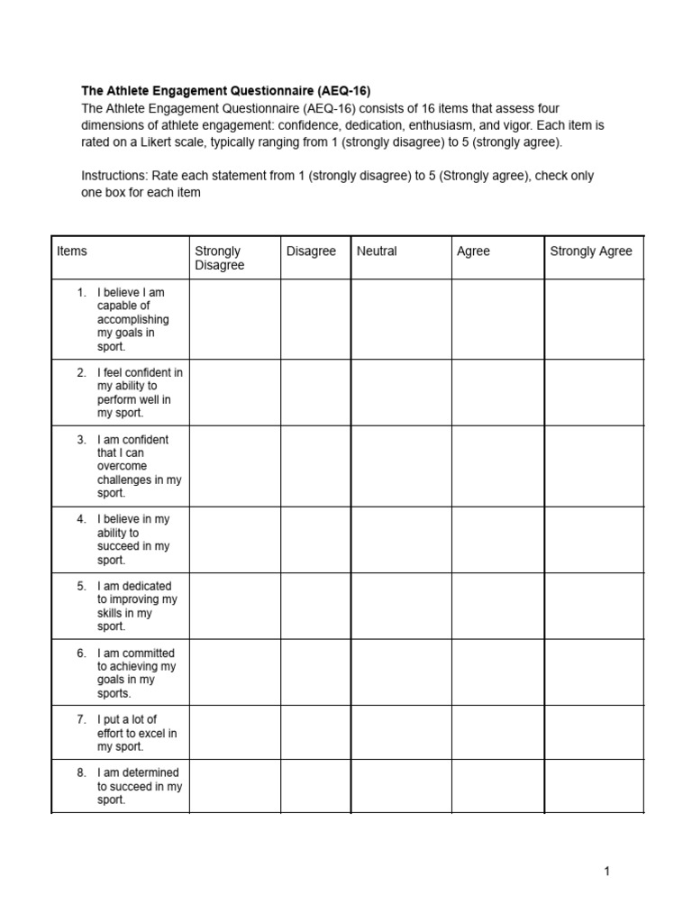 The Athlete Engagement Questionnaire (AEQ-16) | PDF