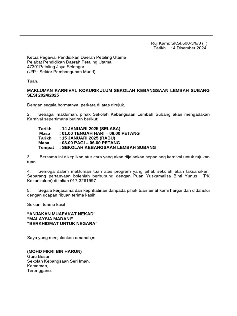 Surat Makluman Karnival Ke PPD | PDF