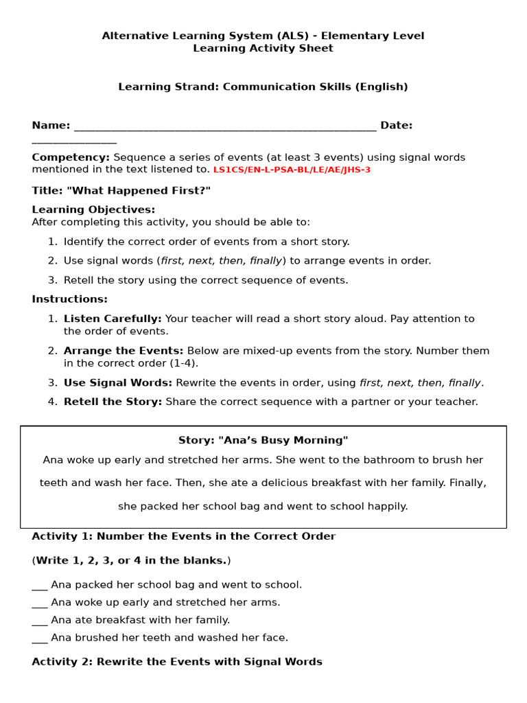 Sequence A Series of Events (At Least 3 Events) Using Signal Words ...