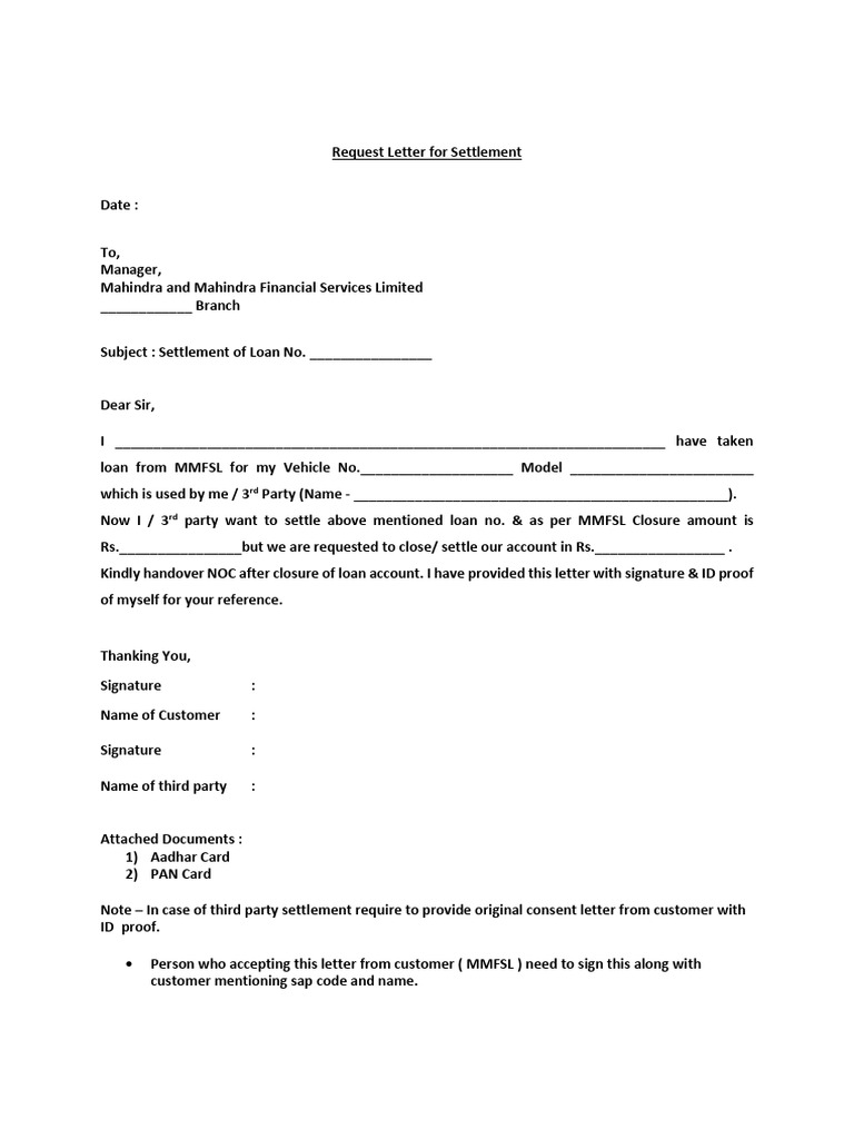 Loan Settlement Request to Mahindra Finance | PDF