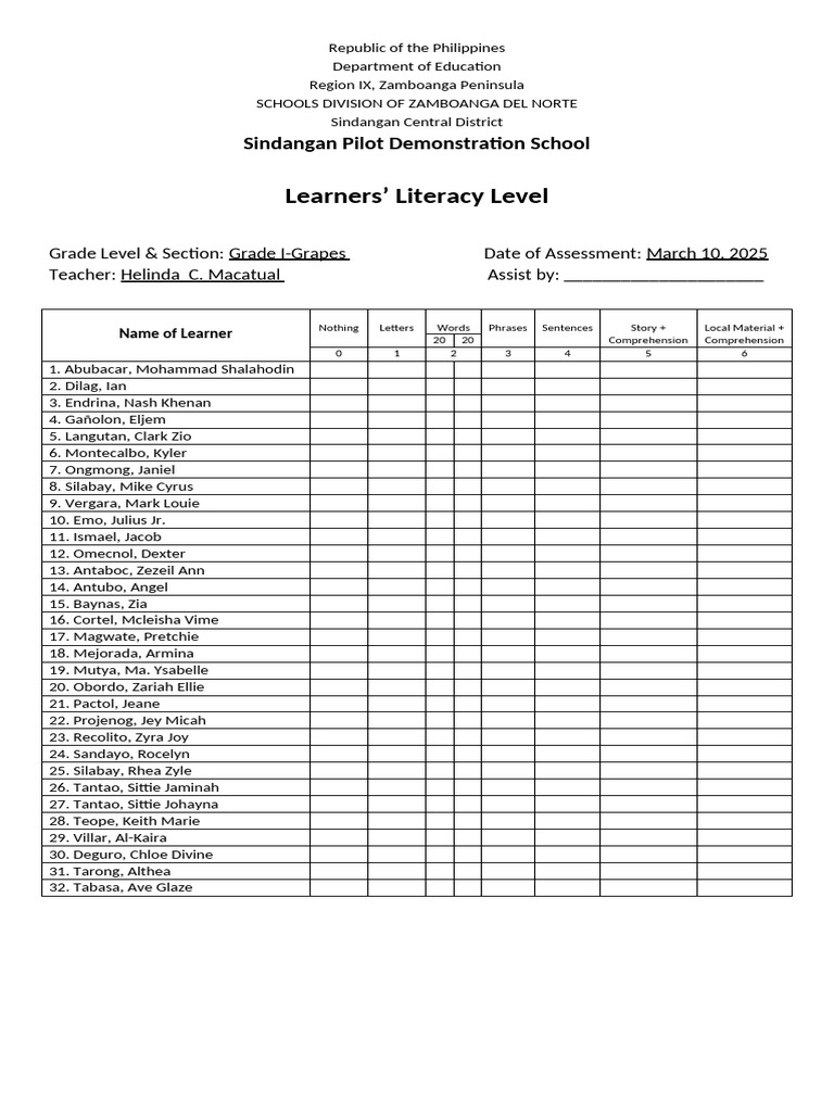 Grade I Literacy Assessment Results | PDF