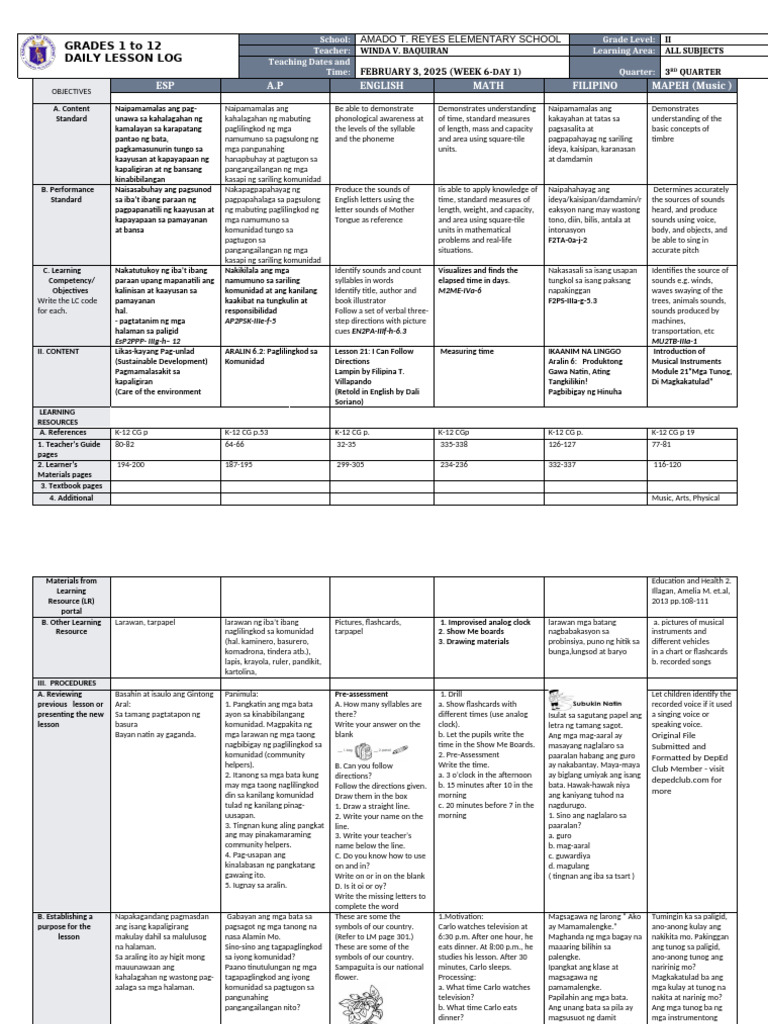 DLL - All Subjects 2 - Q3 - W6 - D1 | PDF