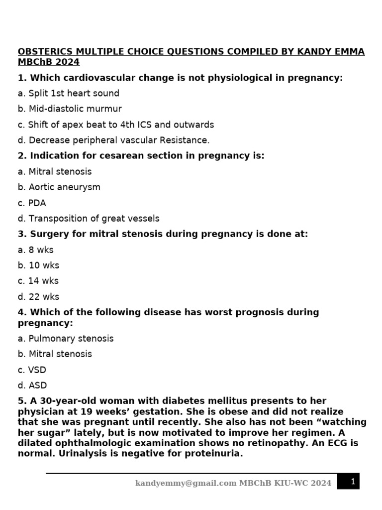 OBSTERICS MULTIPLE CHOICE QUESTIONS COMPILED BY KANDY EMMA MBCHB 2024 | PDF | Childbirth ...