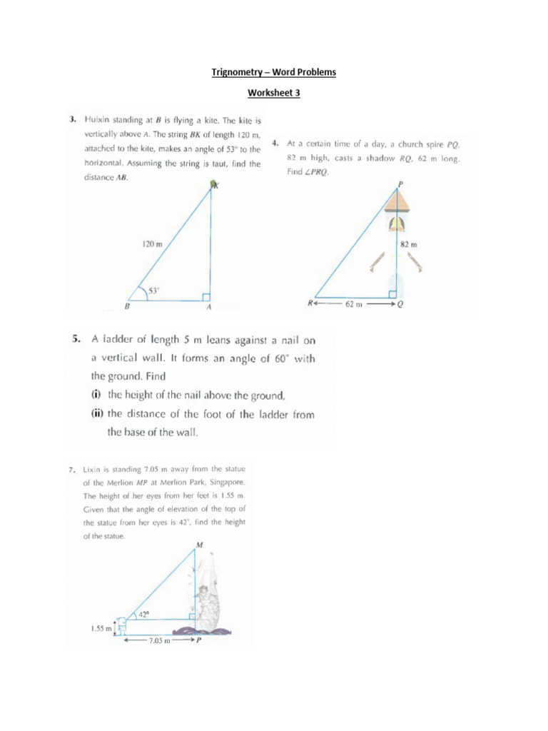 Trigonometry Word Problems Worksheet | PDF