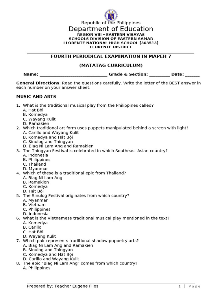 q4 Periodical Test - Mapeh 7 (Test Questionnaire) | PDF ...