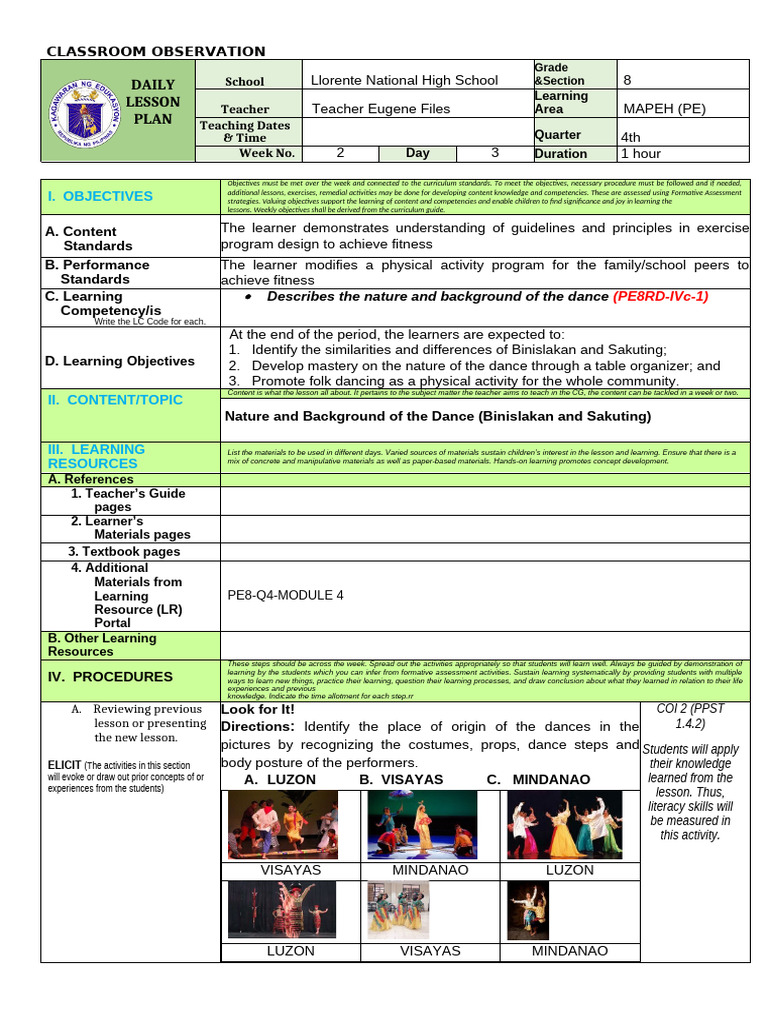 Q4-COT-LP-PE8 (Nature and Background of The Dance) | PDF | Learning ...