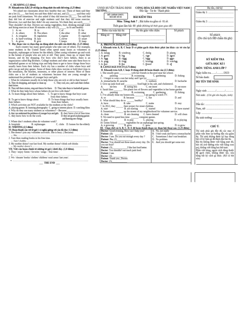 A3. Đề GK anh 7 | PDF