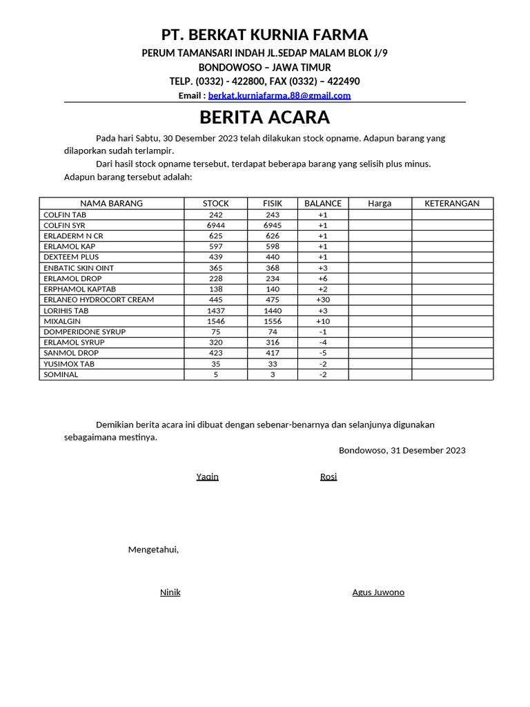 BA Stock Opname Desember | PDF