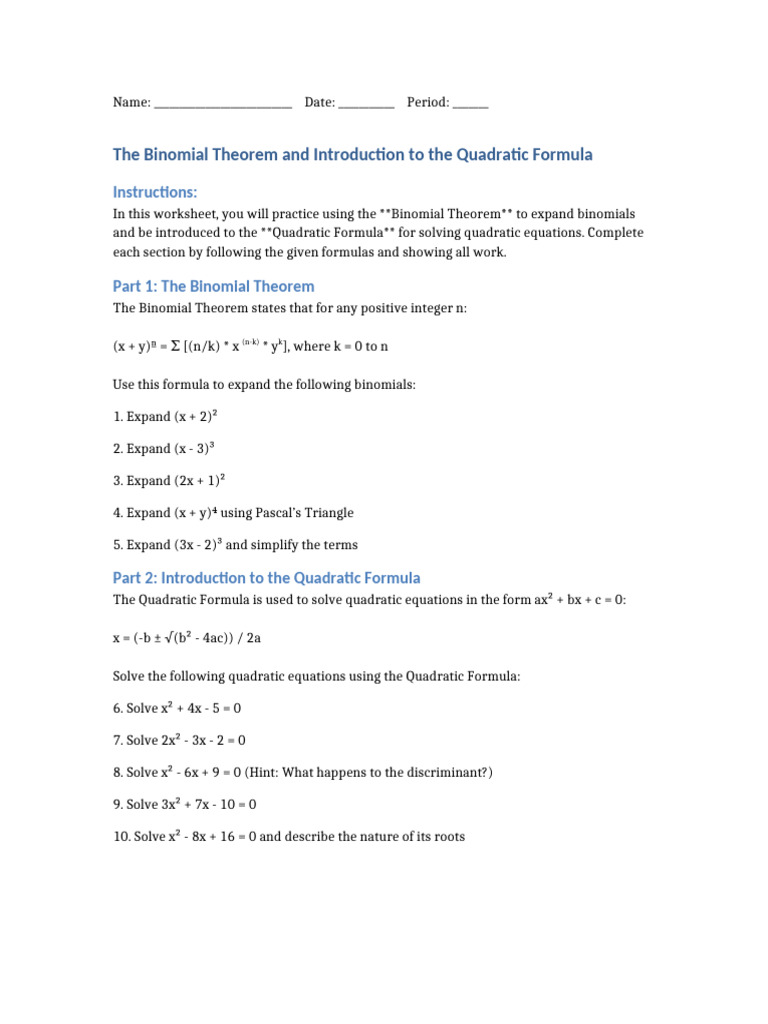 Binomial - Quadratic - Formula - Worksheet - Wednesday & Thursday | PDF