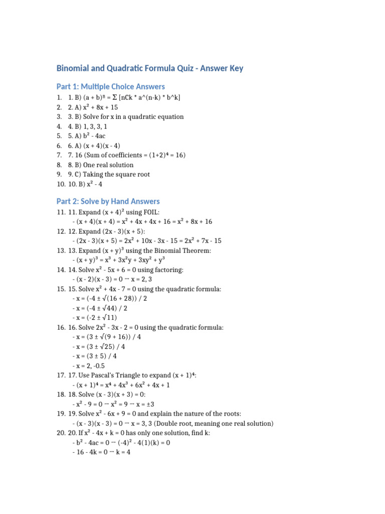 Binomial Quadratic Quiz Answer Key | PDF