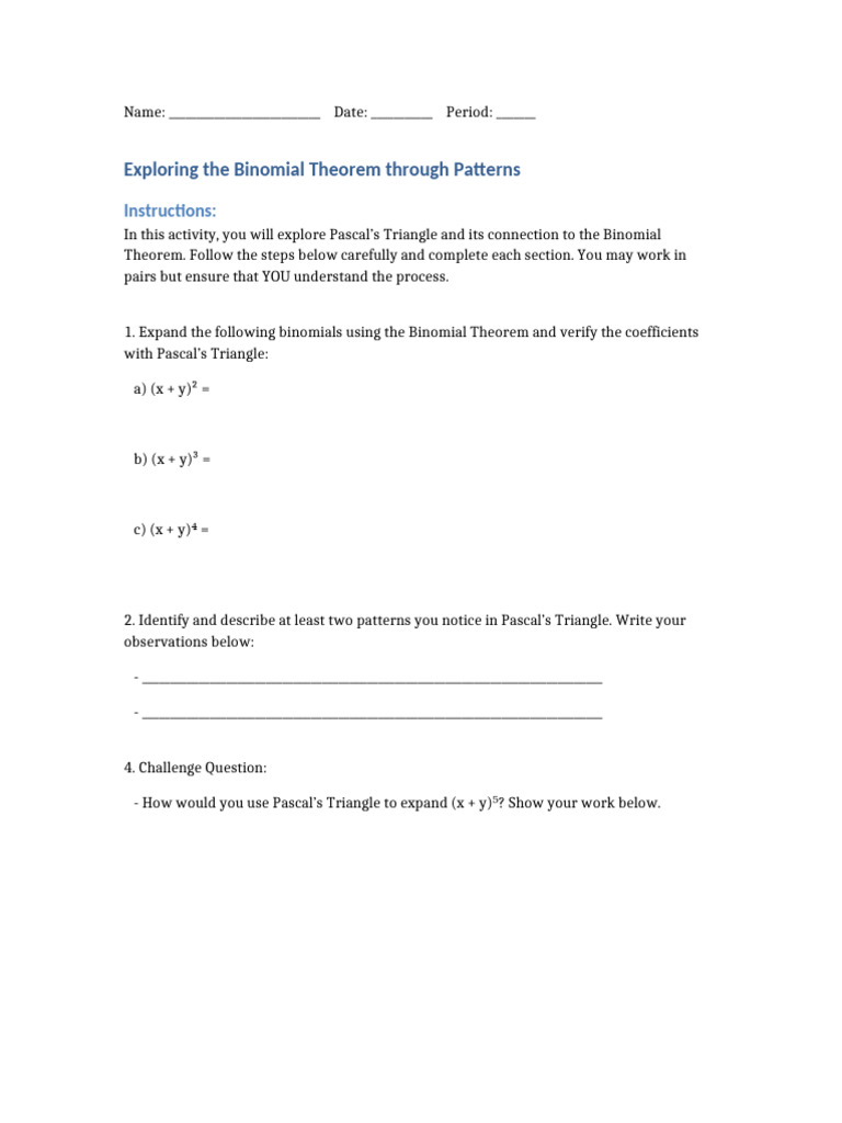 Binomial Theorem Worksheet - Tuesday | PDF