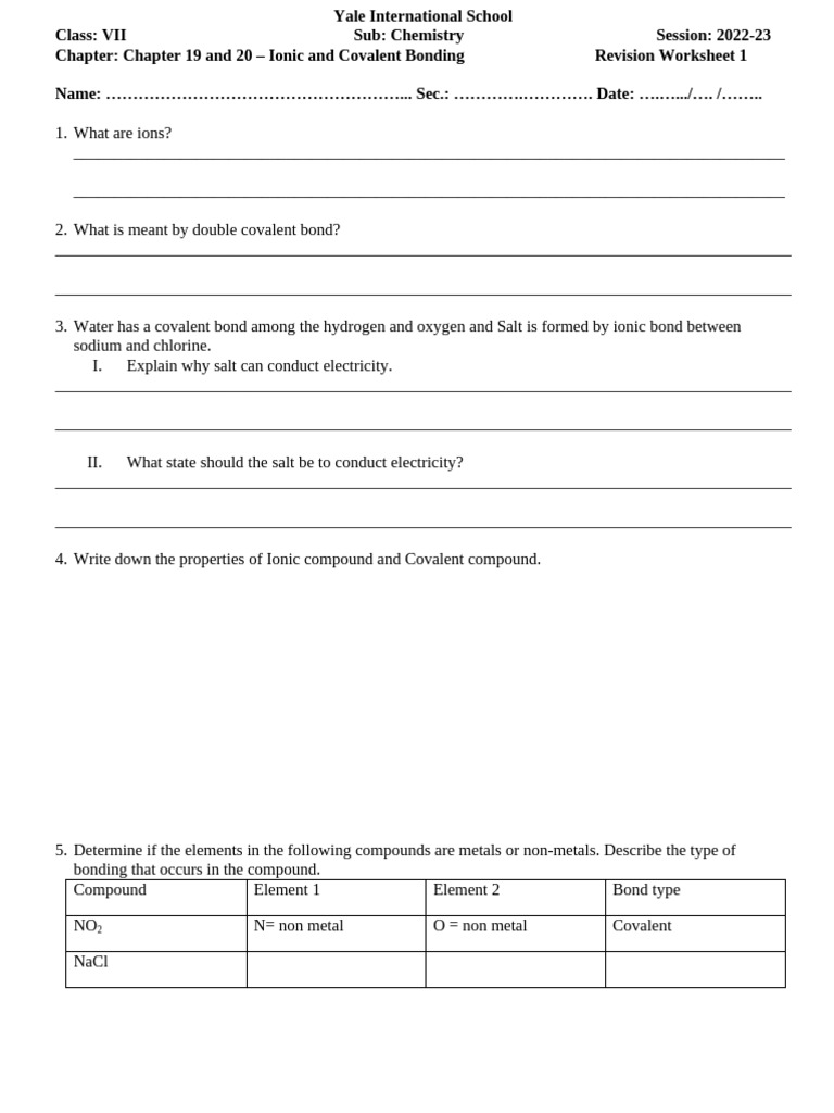 Ionic and Covalent Bonding Worksheet | PDF | Chemical Bond | Chemical ...