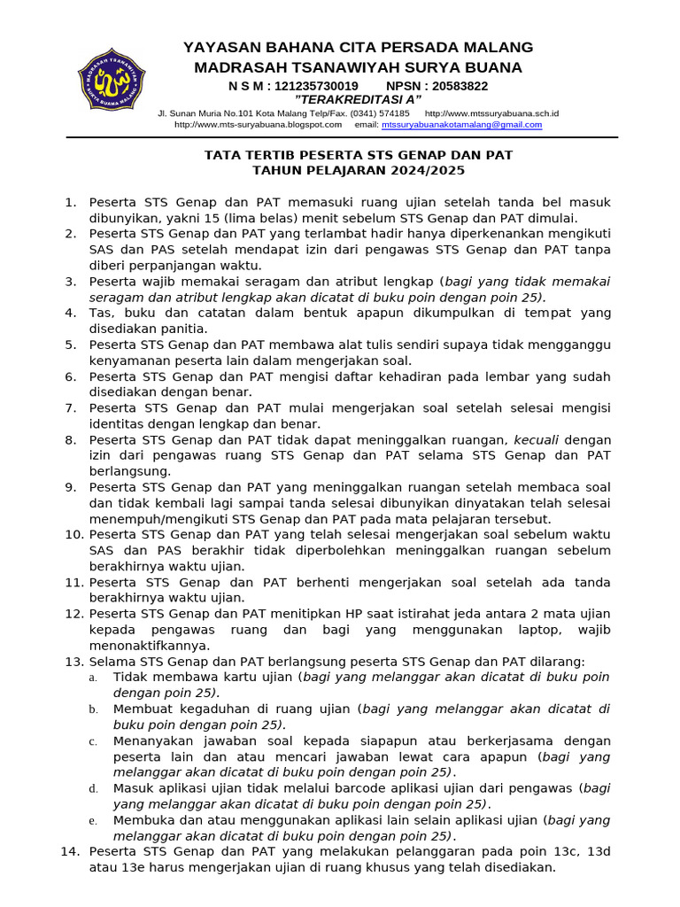 04 - TATA TERTIB PESERTA STS GENAP Dan PAT 2024-2025 | PDF