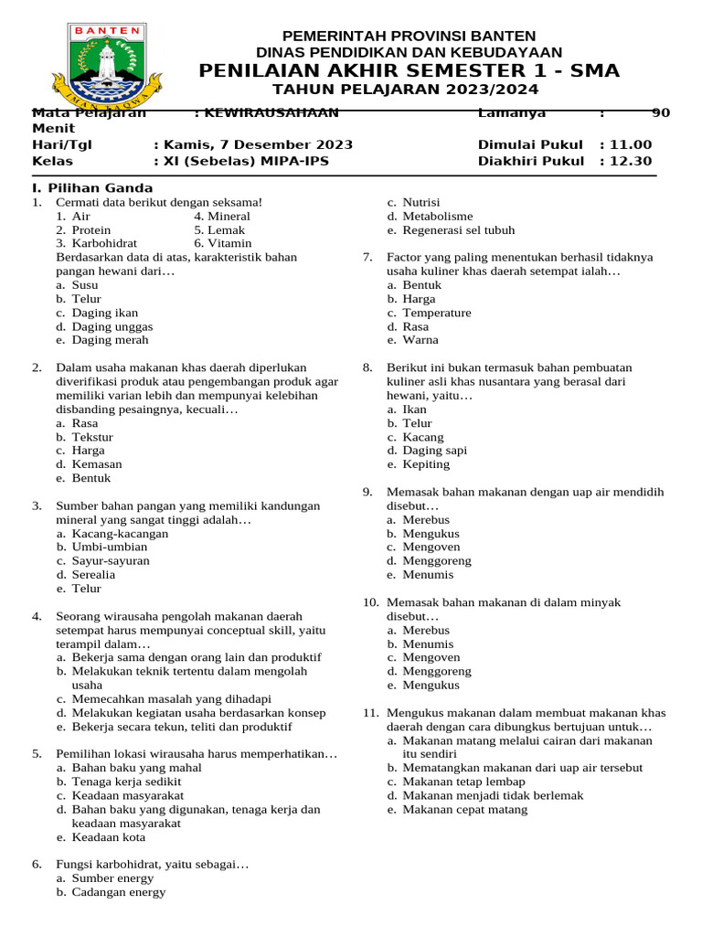 Kewirausahaan Xi Mipa Ips Pas Ganjil 2023-2024 | PDF