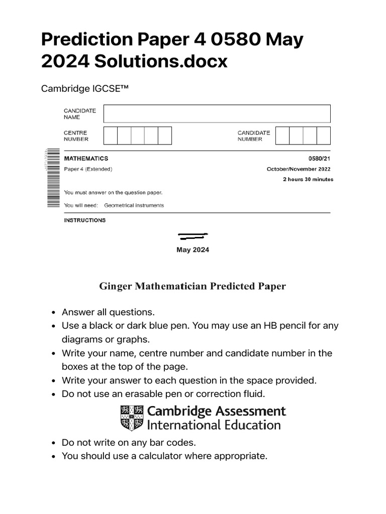 Prediction Paper 4 0580 May 2024 Solutions.docx | PDF | Sphere | Area
