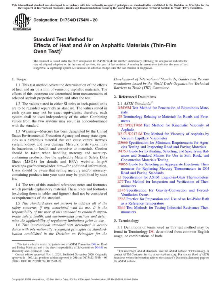 ASTM D1754 - 20 Effects of Heat and Air On Asphaltic Materials | PDF ...