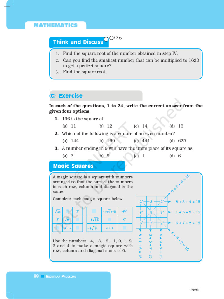 CBSE - Gr8 - Unit 3 Square-Square Root and Cube-Cube Root MCQs | PDF | Mathematics | Elementary ...