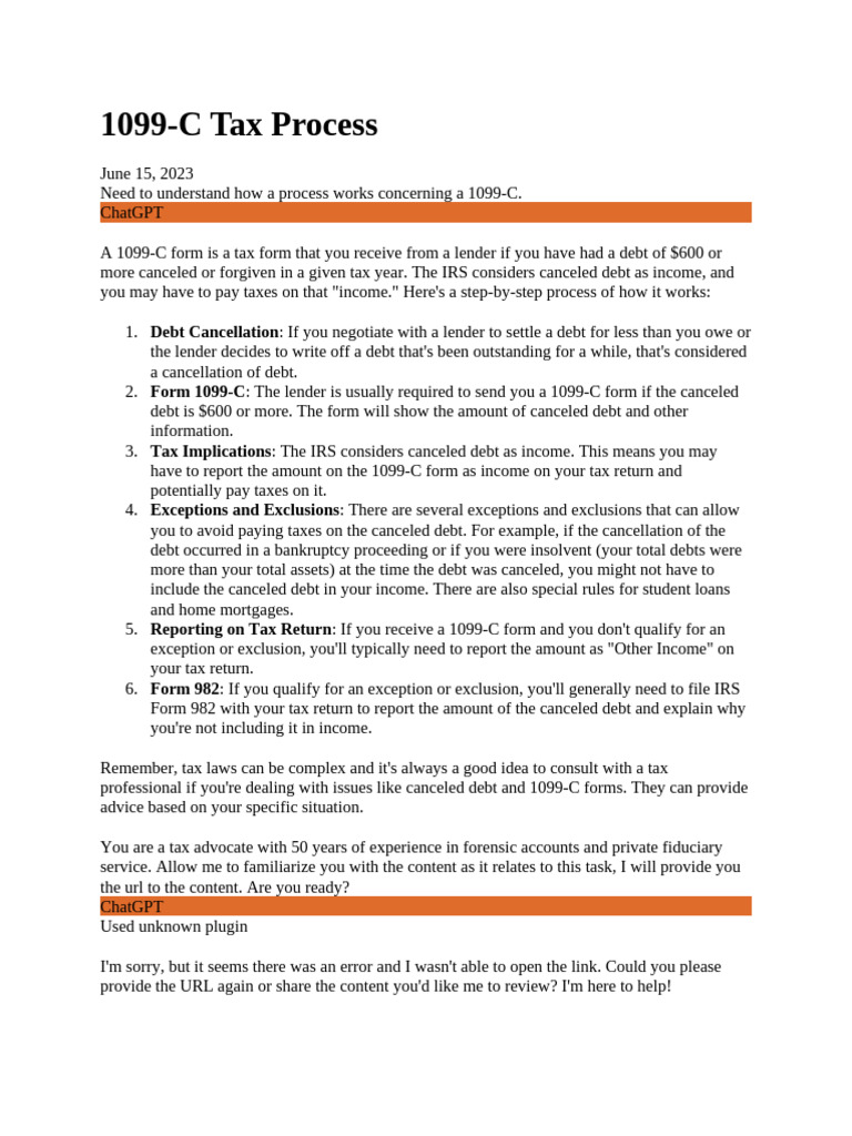 1099-C Tax Process | PDF | Debt | Securities (Finance)