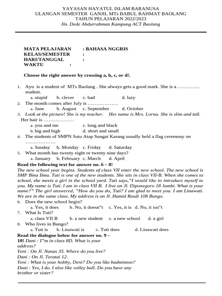 SOAL UTS B. INGGRIS KELAS 7 SEMESTER 1 | PDF | Libraries