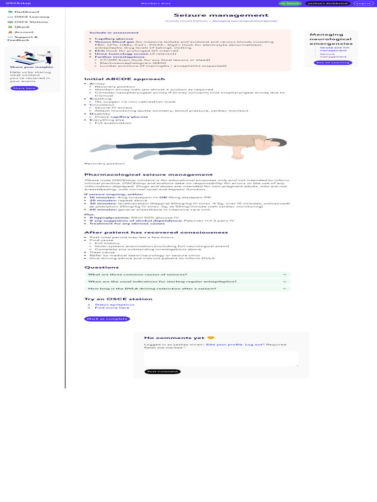 Seizure Management - OSCEstop - OSCE Learning | PDF | Medical ...