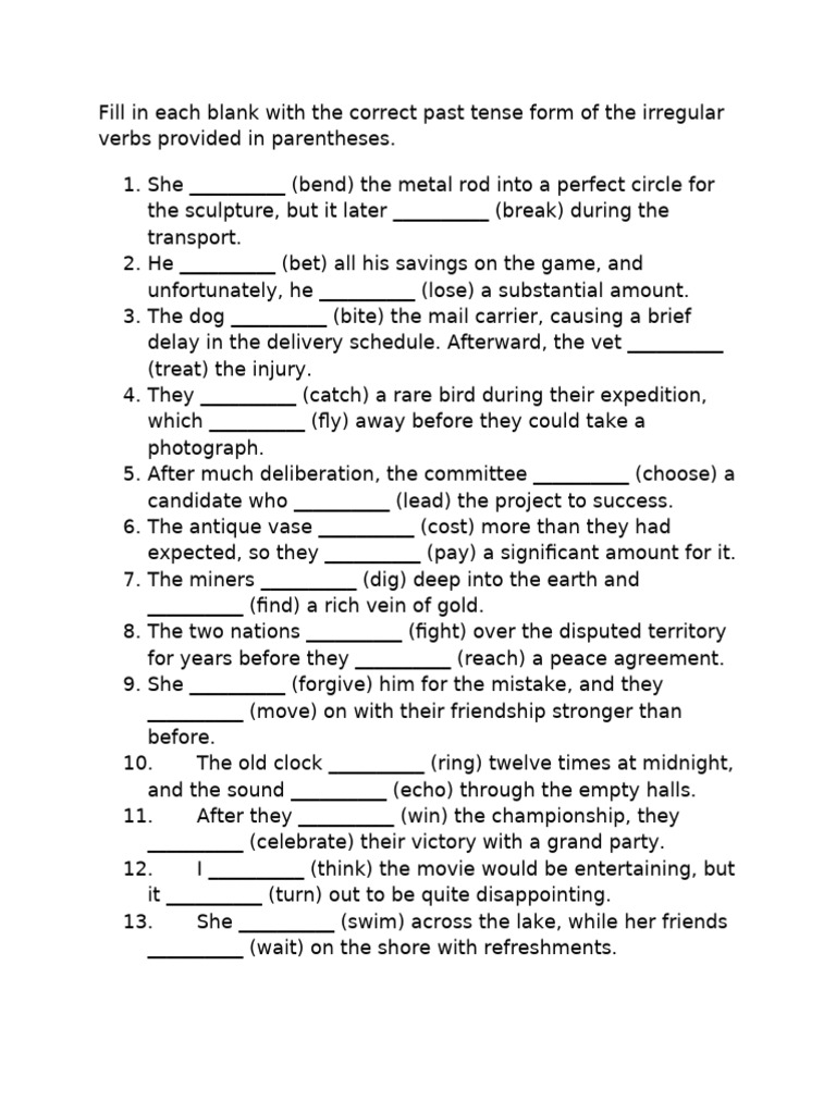 Past Tense Irregular Verbs Exercise | PDF