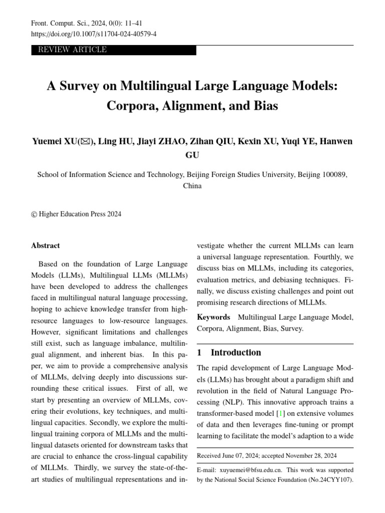 A Survey On Multilingual Large Language Models - Corpora, Alignment, and Bias | PDF ...