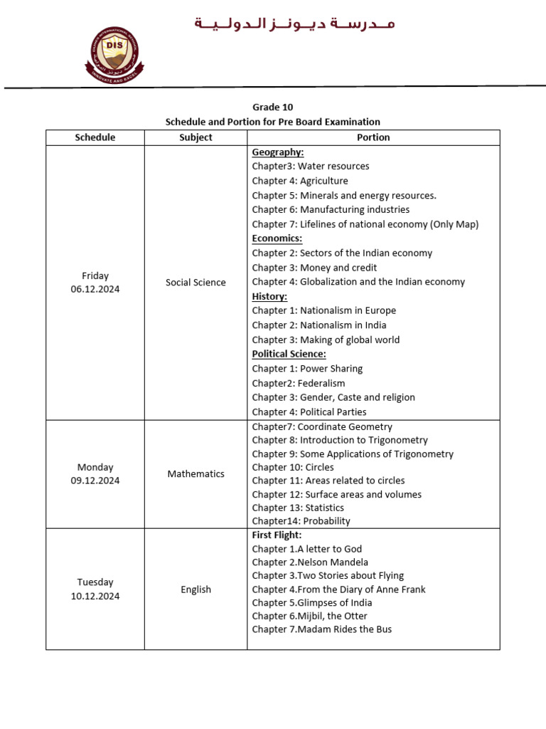 Grade 10 Pre Board Exam Schedule 2024 | PDF