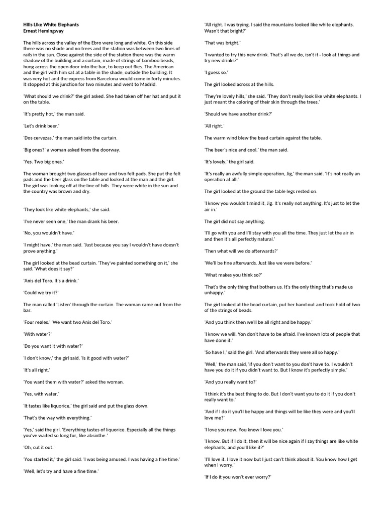 Hills Like White Elephants - Ernest Hemingway | PDF