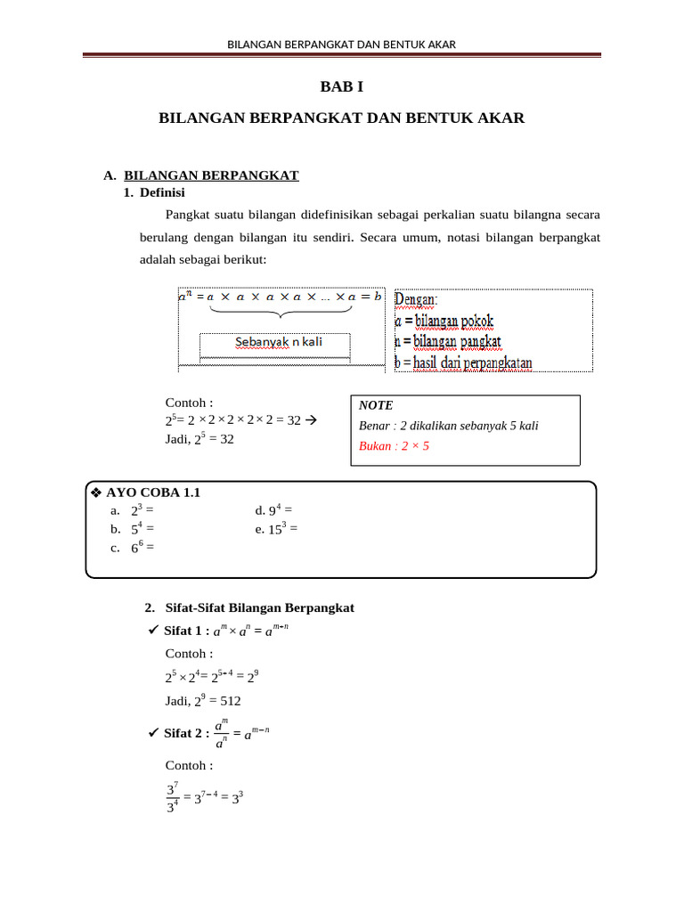 BAB I BILANGAN BERPANGKAT DAN BENTUK AKAR | PDF