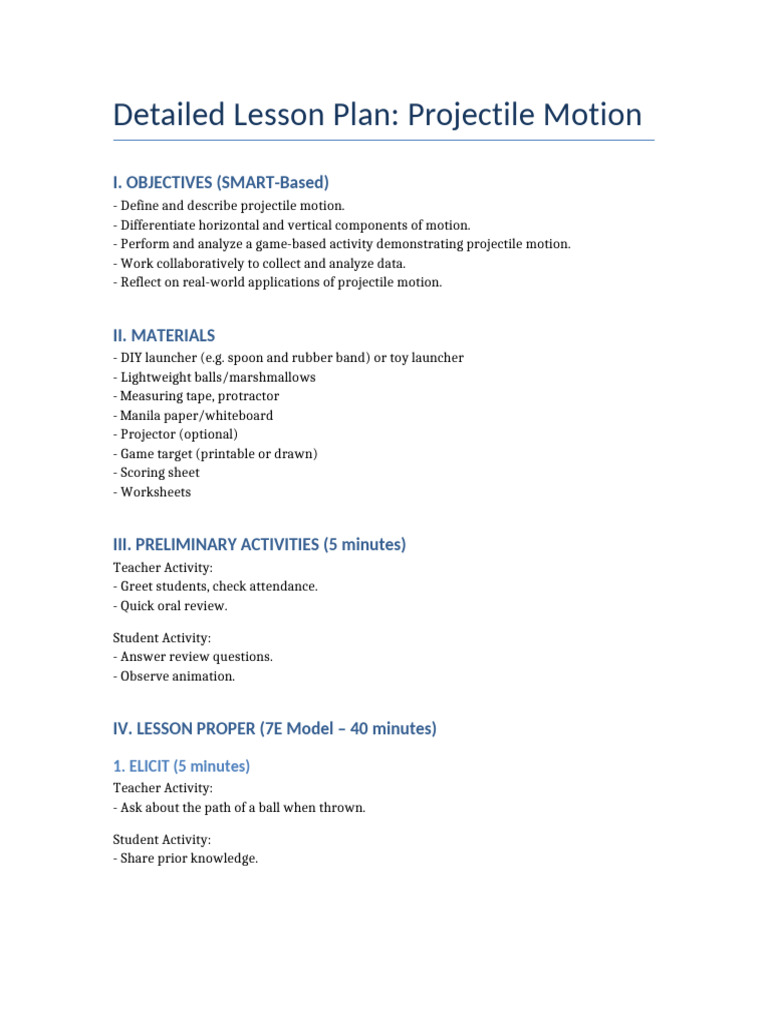 Projectile Motion Lesson Plan | PDF