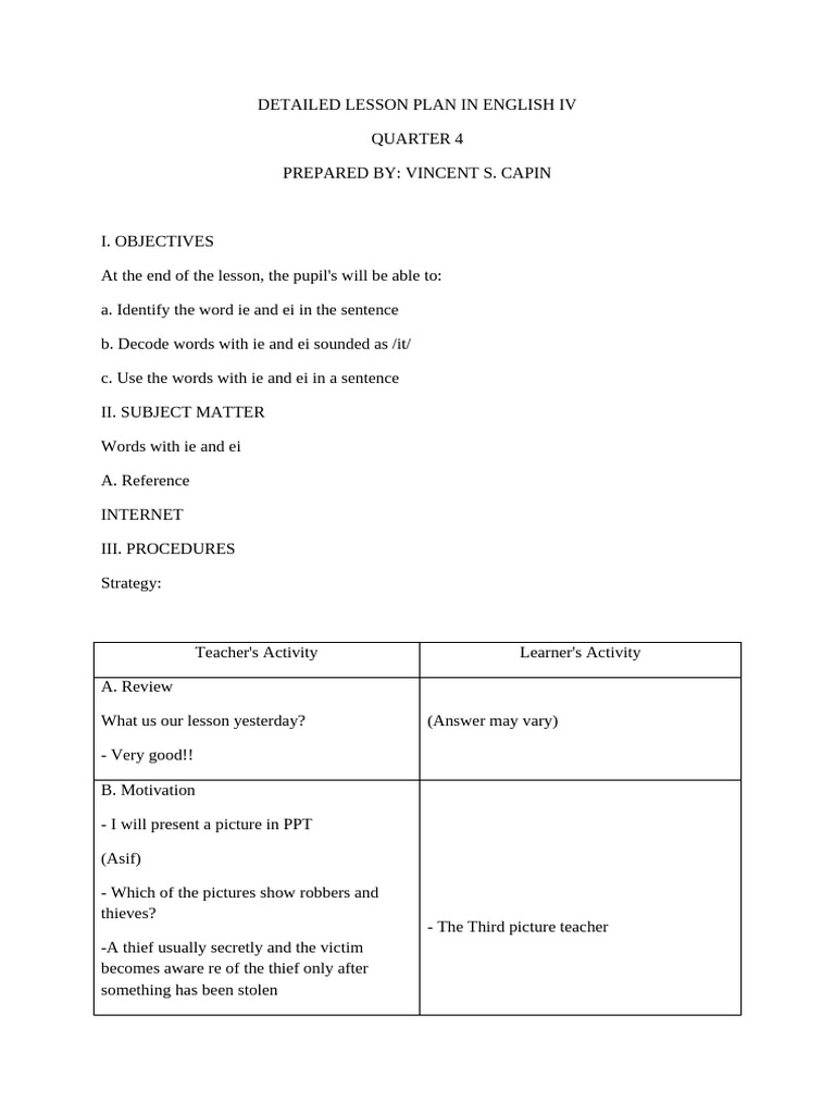 English IV Lesson Plan: ie and ei Words | PDF | Human Communication ...