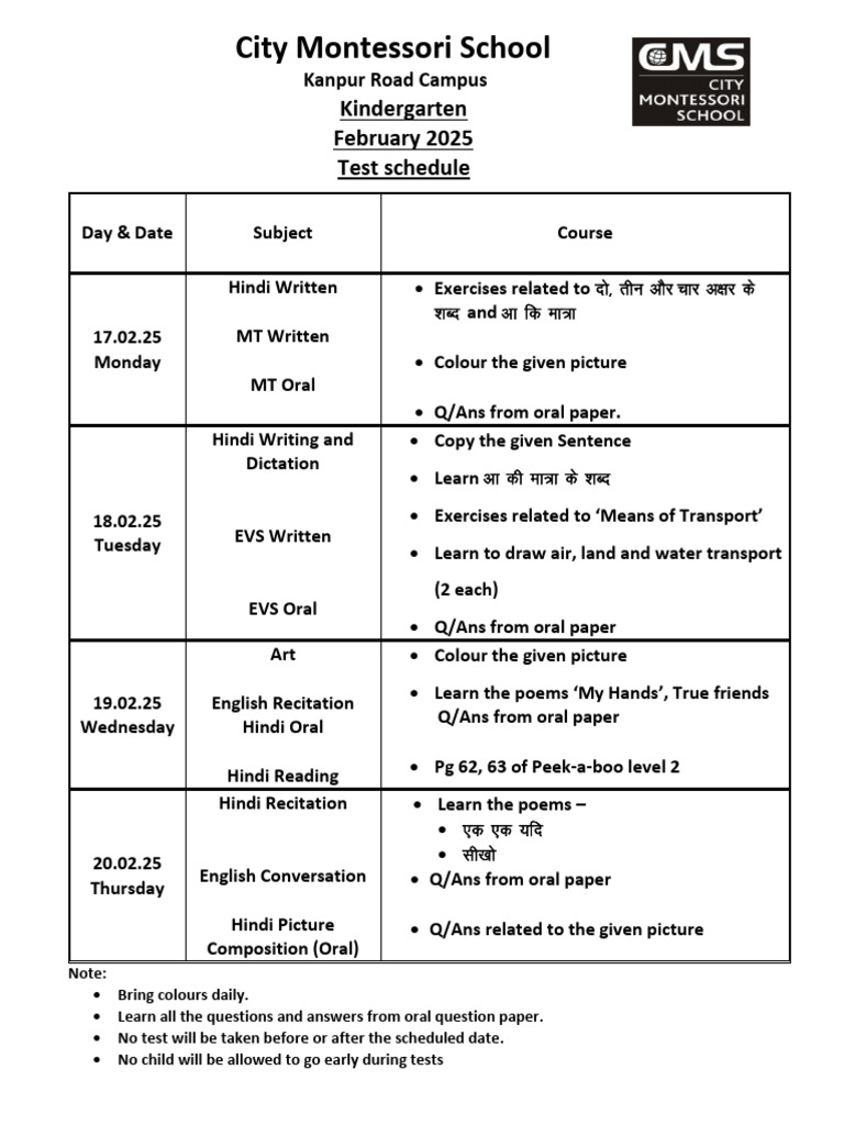 Kindergarten Test Schedule - Feb 2025 | PDF