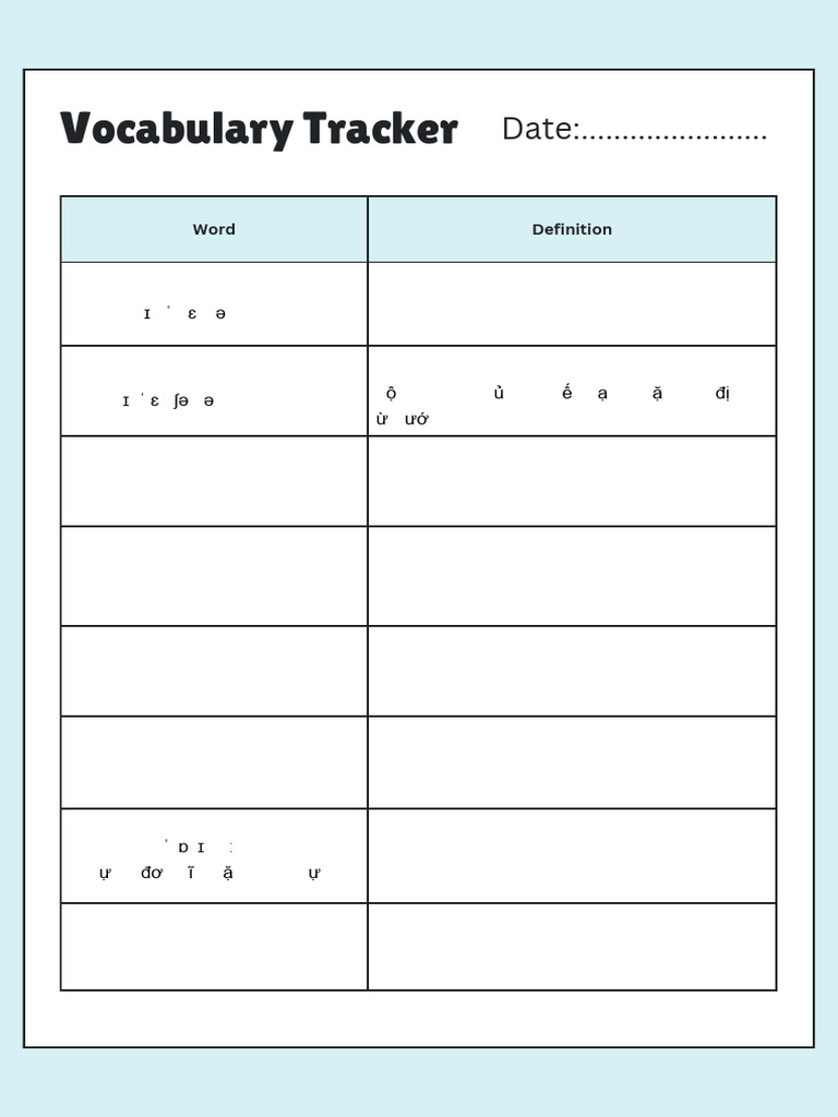 Vocabulary Tracker Worksheet in Blue and White Simple Style | PDF