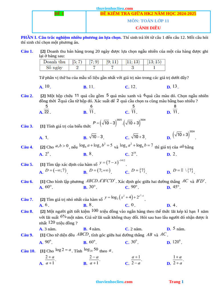 Thuvienhoclieu.com Bo 10 de Kiem Tra Giua HK2 Toan 11 Canh Dieu CTM 24 25 | PDF