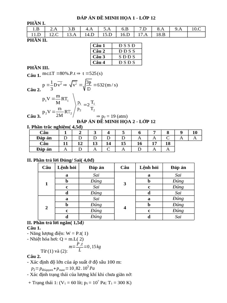 Dap An Minh Hoa 12 CK1 | PDF