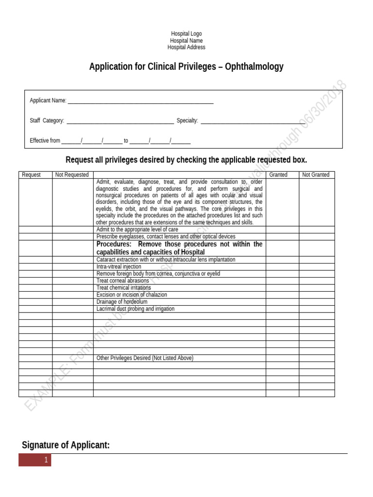 Ophthalmology Privilege Form | PDF | Ophthalmology | Cornea